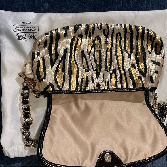 Coach | Bags | Coach Sequin Animal Print Handbag With Chain And Patent ...